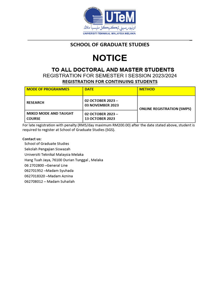 Notice For Continuing Students Registration For I-20232024 | PDF