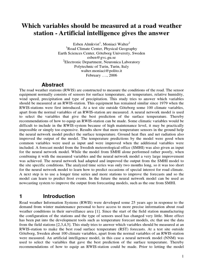 Which Variables Should Be Measured at A Road Weather Station-Artificial ...