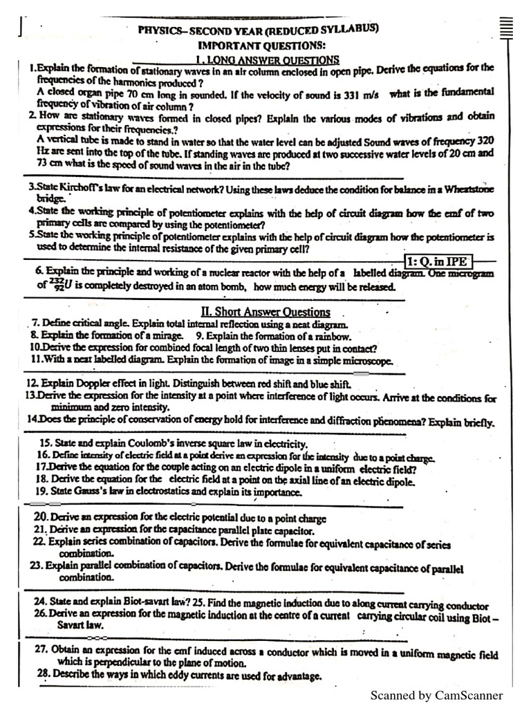 IPE-PHY-2nd Year Important Questions | PDF