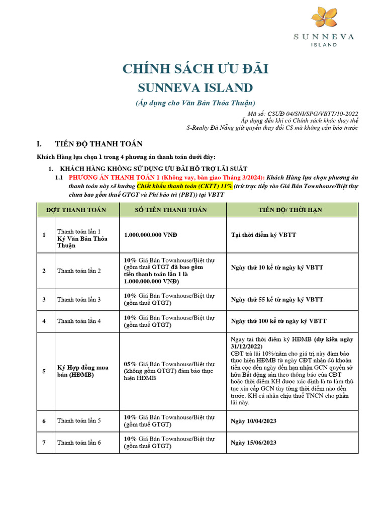 (Sunneva) CSBH Công Bố (CSBH 04) Dự Án Sunneva Island Áp Dụng Từ 01.10.2022 Áp Dụng Cho VBTT | PDF