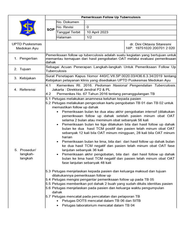 SOP Pemeriksaan Follow Up Tuberculosis | PDF