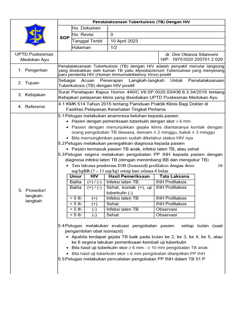 SOP Penatalaksanaan Tuberkulosis (TB) Dengan HIV | PDF