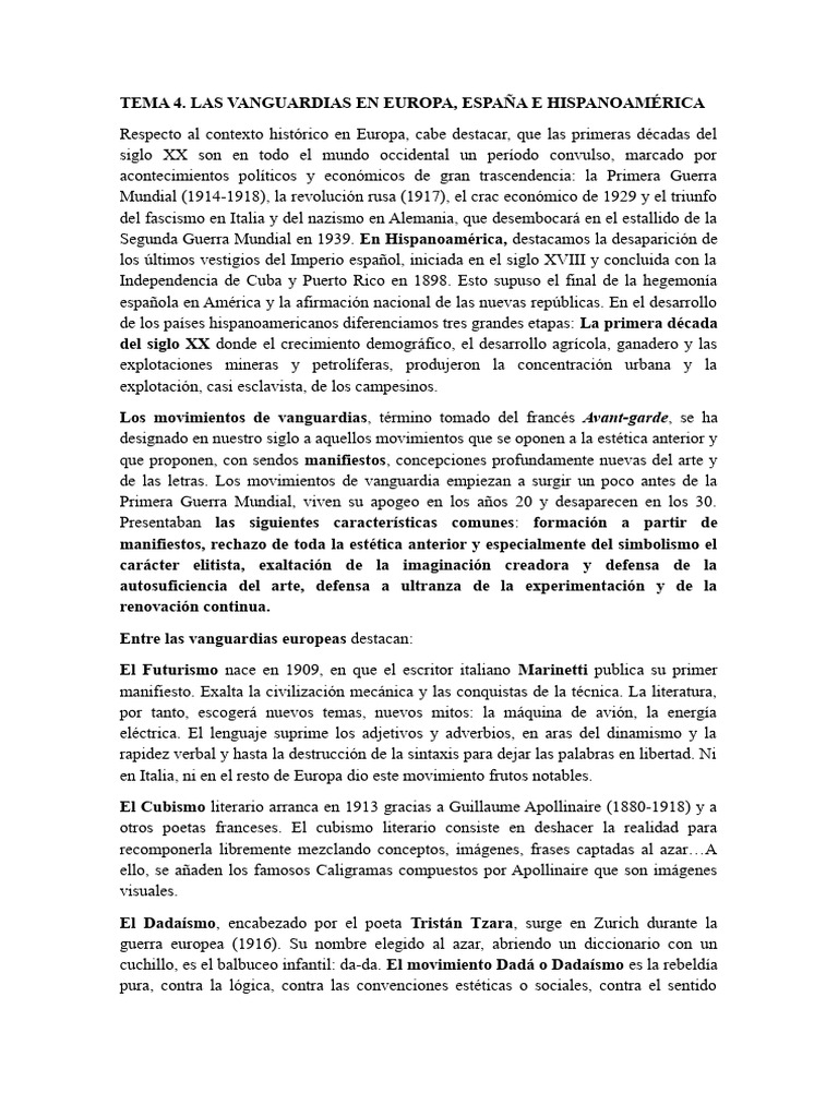 TEMA 4. Las Vanguardias en Europa, España e Hispanoamérica | PDF ...
