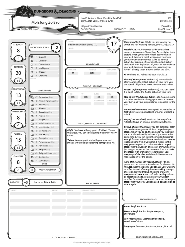 Aarakocra Monk Character Sheet | PDF | Role Playing Games