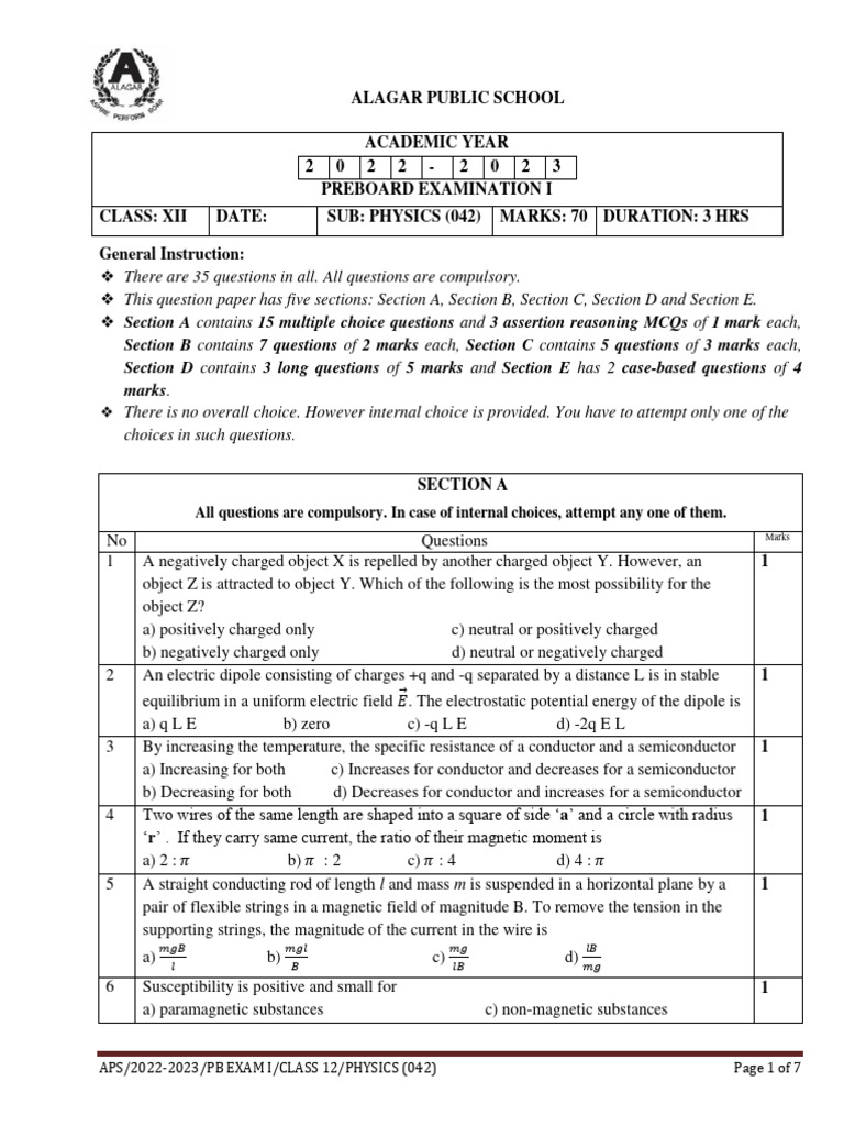 XII Physics QP Preboard II - Set 7 | PDF