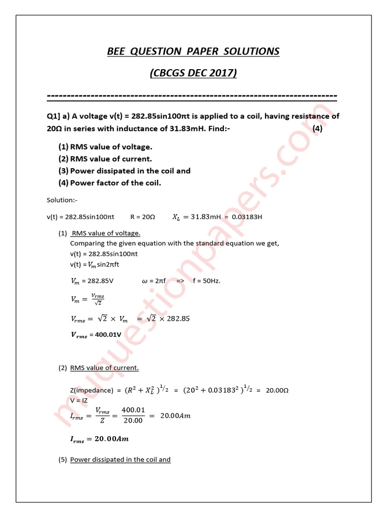 Be First Year Engineering Semester 1 2017 December Basic Electrical ...