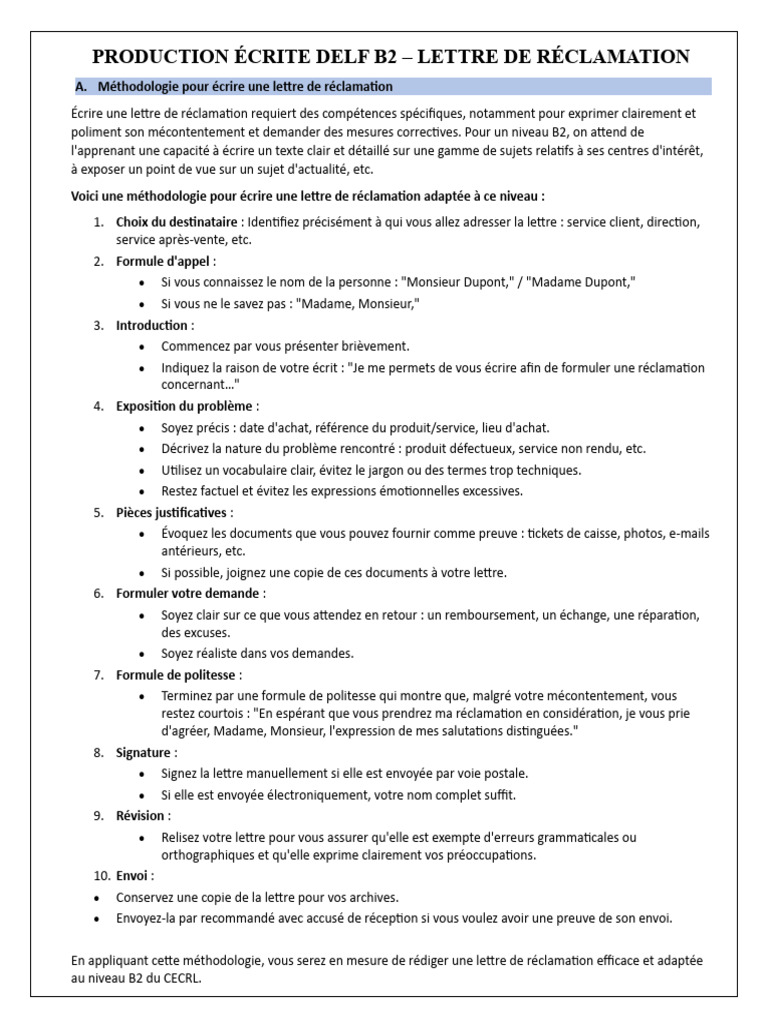 Méthodologie Pour Écrire Une Lettre de Réclamation - Exemple de ...