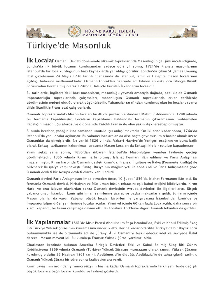 Hür Ve Kabul Edilmiş Masonlar Büyük Locası - Türkiye'de Masonluk | PDF