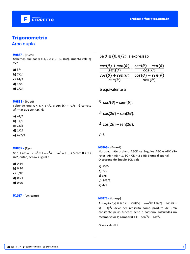 Questions Matematica Trigonometria Arco-Duplo | PDF