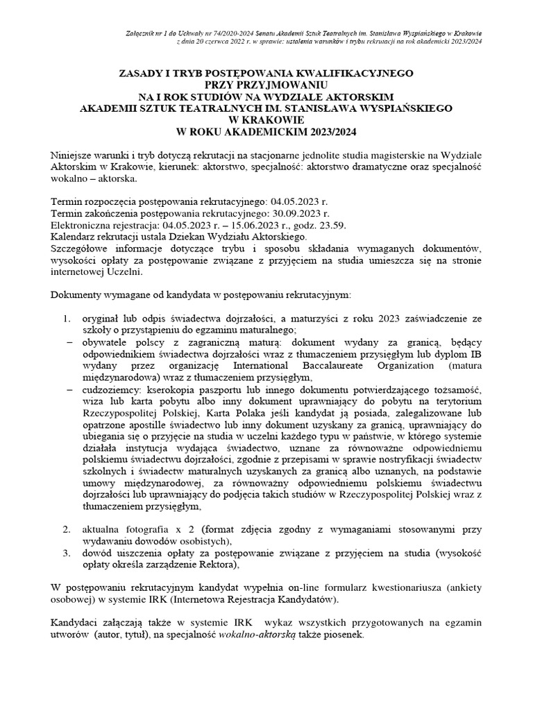 Zasady Rekrutacji Na Wydzial Aktorski 2023.2024 | PDF Zasady Rekrutacji Na Wydzial Aktorski 2023.2024 | PDF