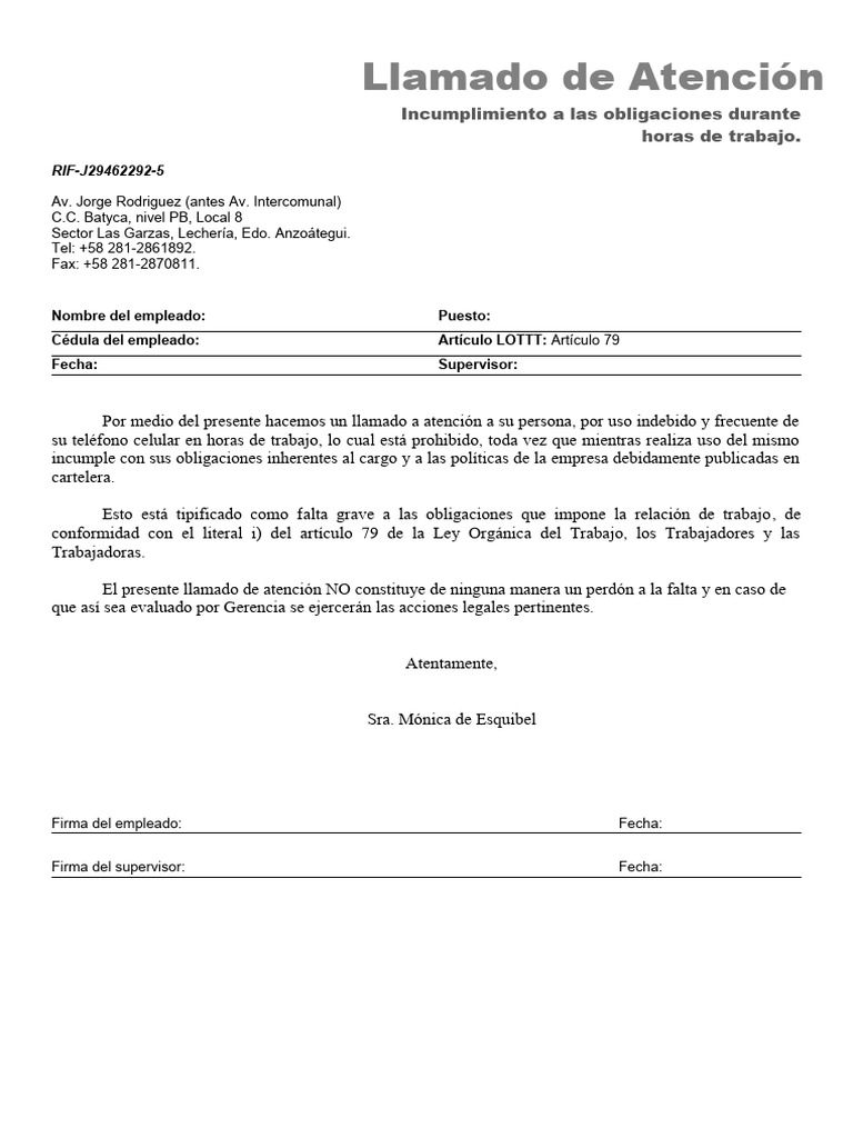 Llamado de Atención Por Uso Indebido Del Celular | PDF