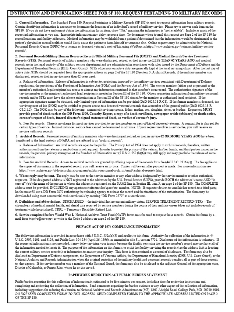 SF180 | PDF | Military Discharge | Federal Government Of The United States