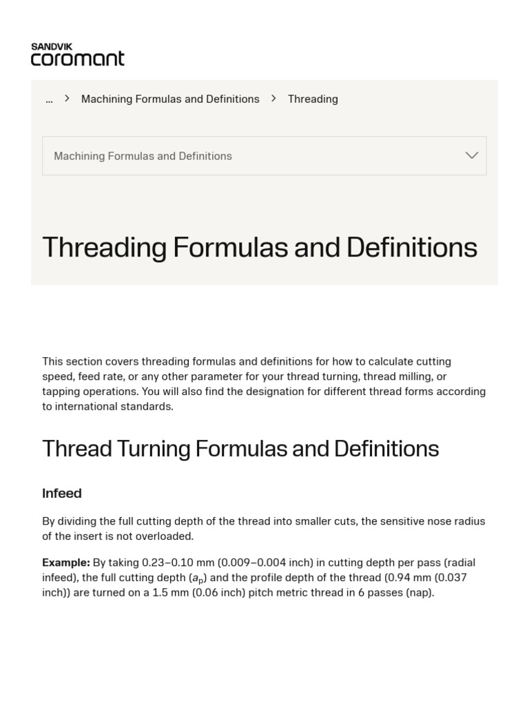 Threading Formulas And Definitions Pdf Engineering Tolerance
