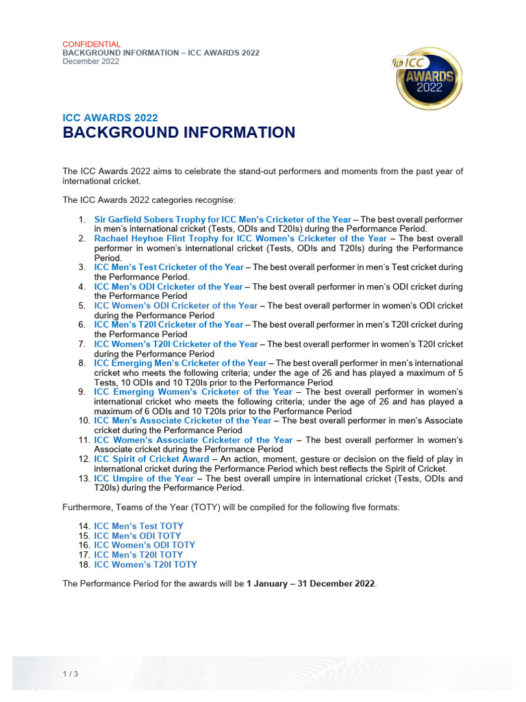 ICC Awards 2022 Background Information | PDF | Cricket | Test Cricket