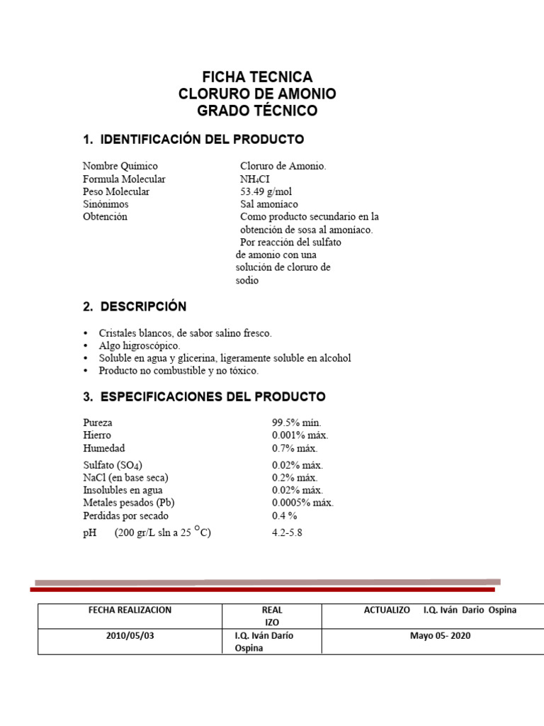 Cloruro de Amonio: Ficha Técnica | PDF | Solubilidad | Amonio