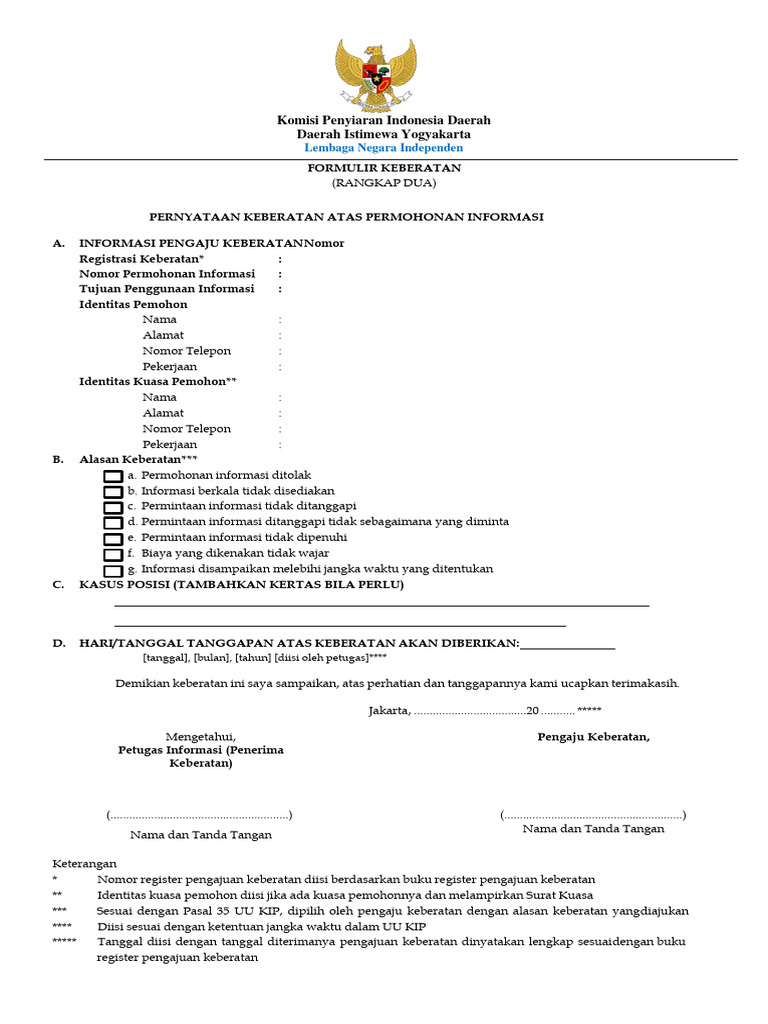 Formulir Keberatan Permohonan Informasi Publik | PDF