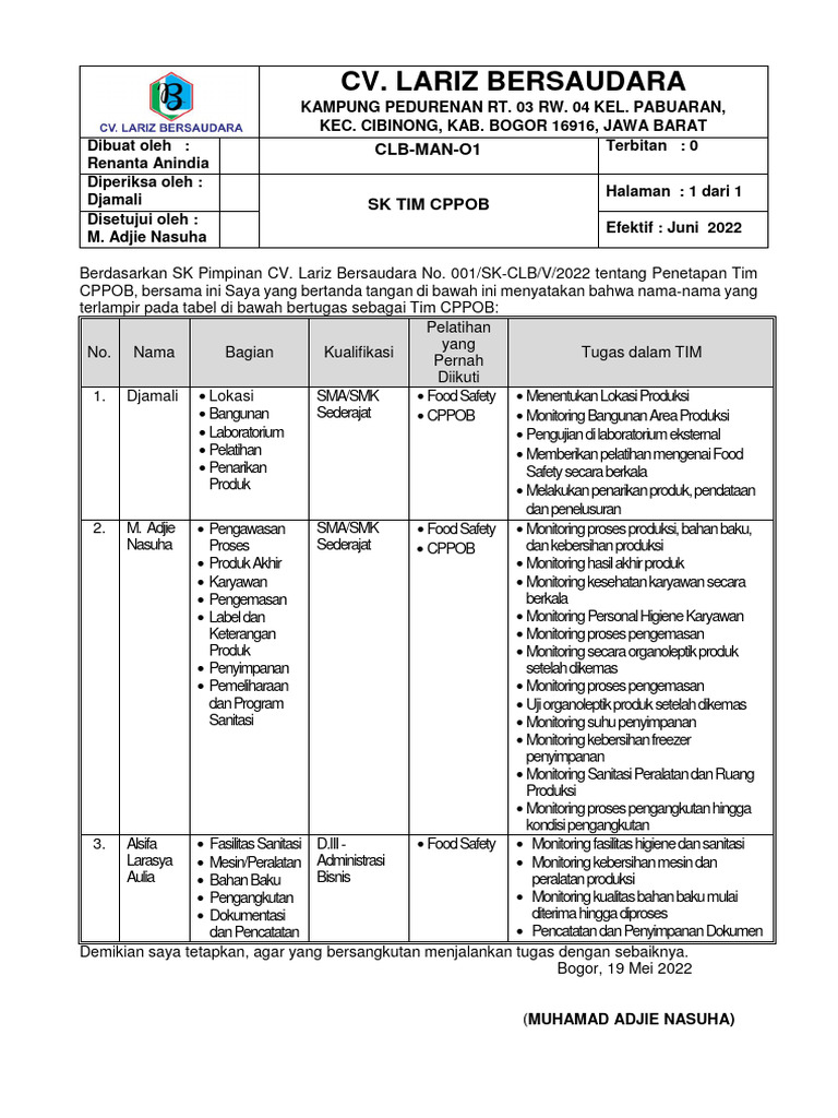 CLB-MAN-01 SK TIM CPPOB CV. Lariz Bersaudara | PDF