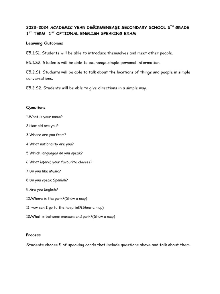 Elective Speaking Exam 5th Grade | PDF | Language Arts & Discipline