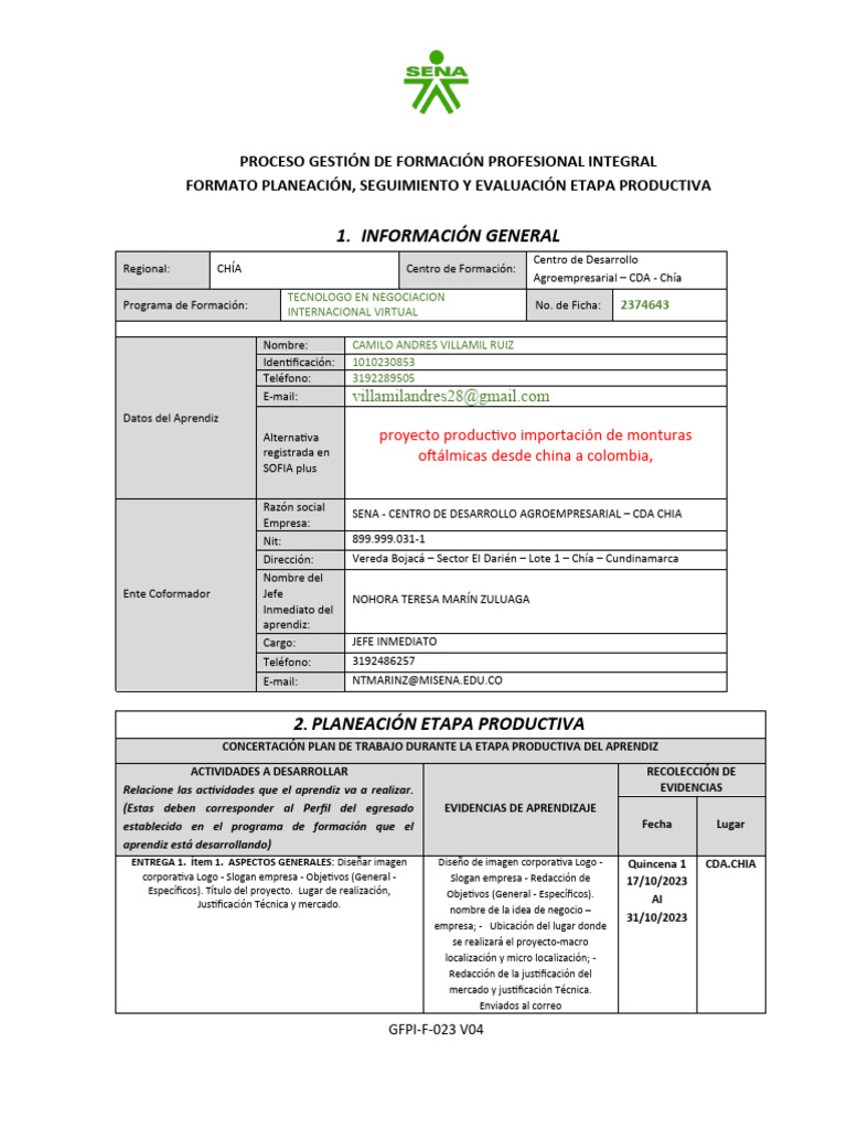 GFPI-F-023 - Concertación de Actividades Camilo Villamil CC 1010230853 ...