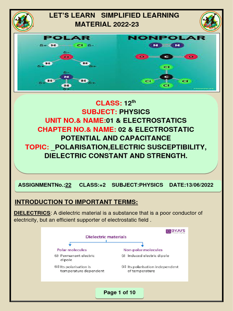 LLearn 22 +2 Phy 13.06.2022 | PDF | Dielectric | Chemical Polarity