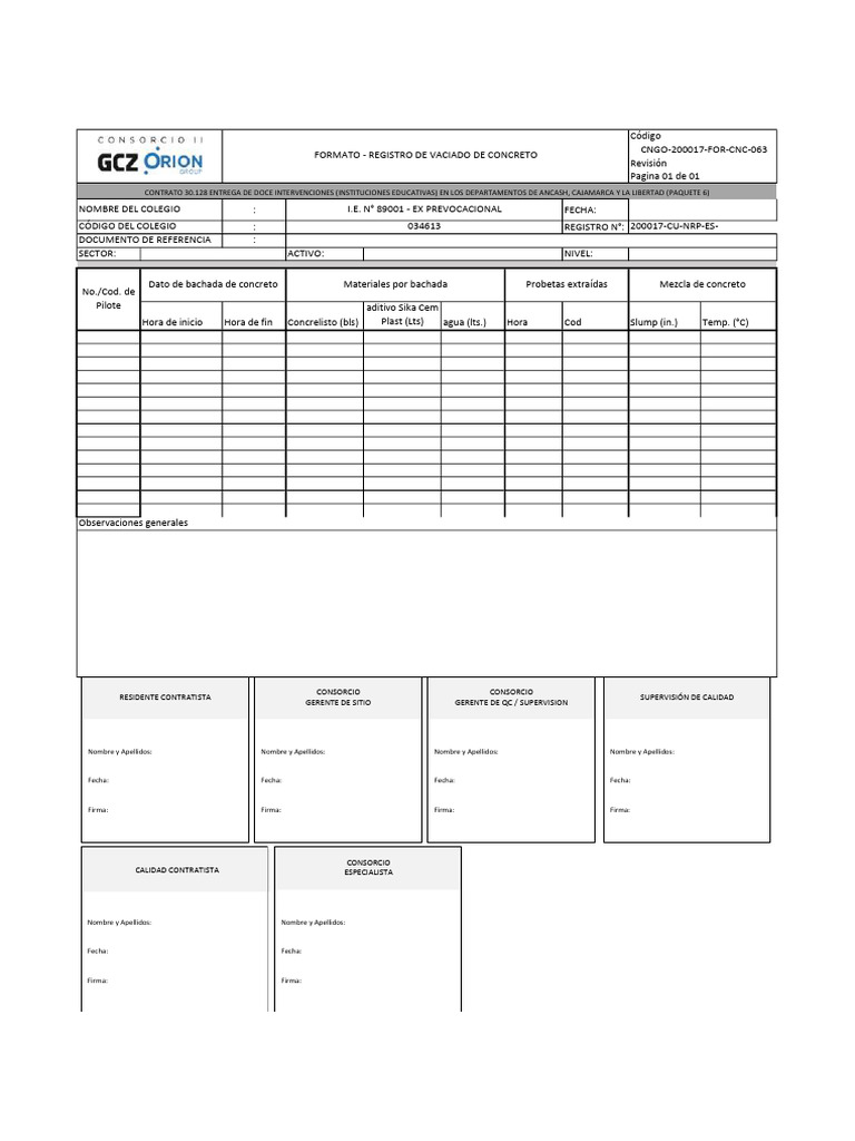 CNGO-200017-For-CNC-063. Registro de Vaciado de Concreto | PDF
