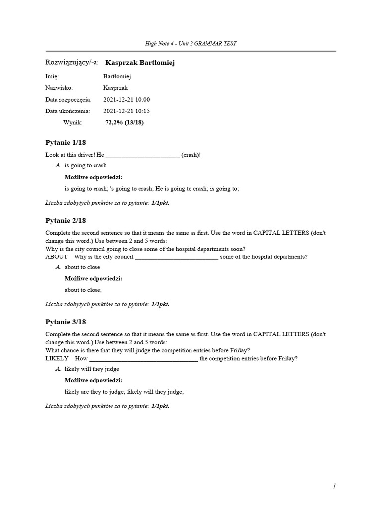 High Note 4 - Unit 2 GRAMMAR TEST - Kasprzak BartÅ Omiej - Udzielone ...