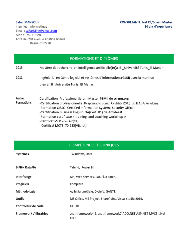 CV Sahar MANSOUR Version01-11-023 | PDF | Microsoft SQL Server | Assurance
