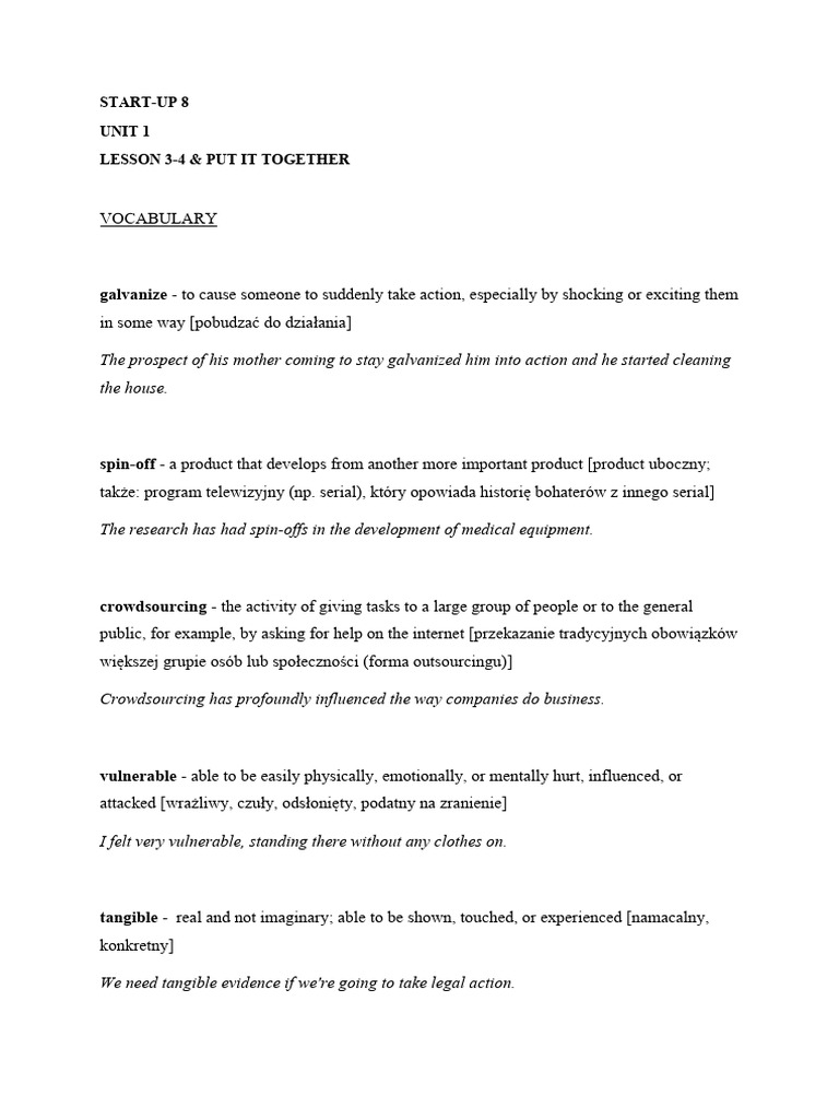 Start-Up 8 Unit 1 Lesson 3-4 Vocabulary | PDF