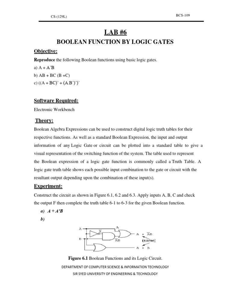 Lab 6 | PDF | Logic Gate | Boolean Algebra