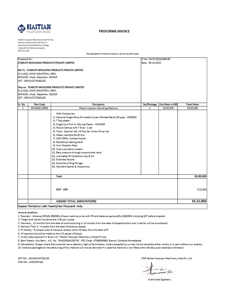 Proforma Invoice for Starlite Moulding | PDF | Payments | Cheque