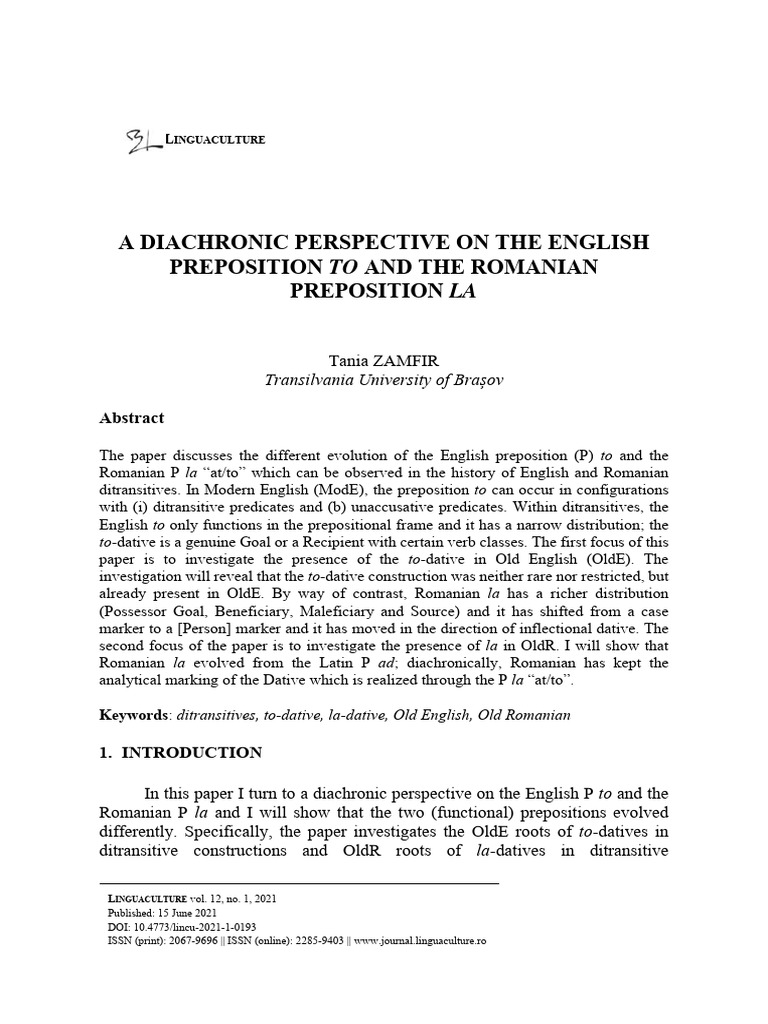 "A DIACHRONIC PERSPECTIVE ON THE ENGLISH PREPOSITION TO AND THE ...