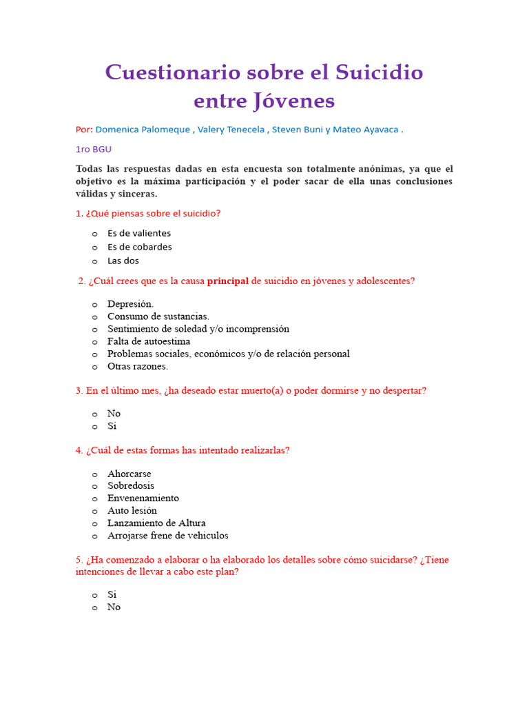 Cuestionario Sobre El Suicidio Entre Jóvenes | PDF