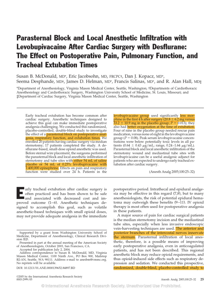 2005 Parasternal Block and Local Anesthetic Infiltration With ...