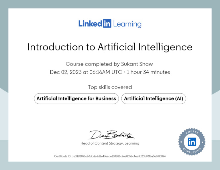 CertificateOfCompletion_Introduction to Artificial Intelligence | PDF