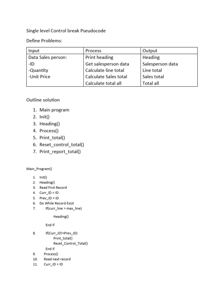 Single Level Control Break Pseudocode | PDF | Computers