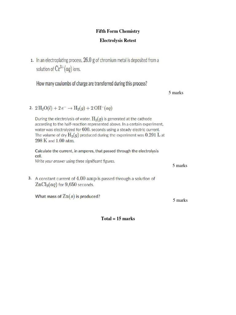 Fifth Form Chemistry Electrolysis Retest | PDF