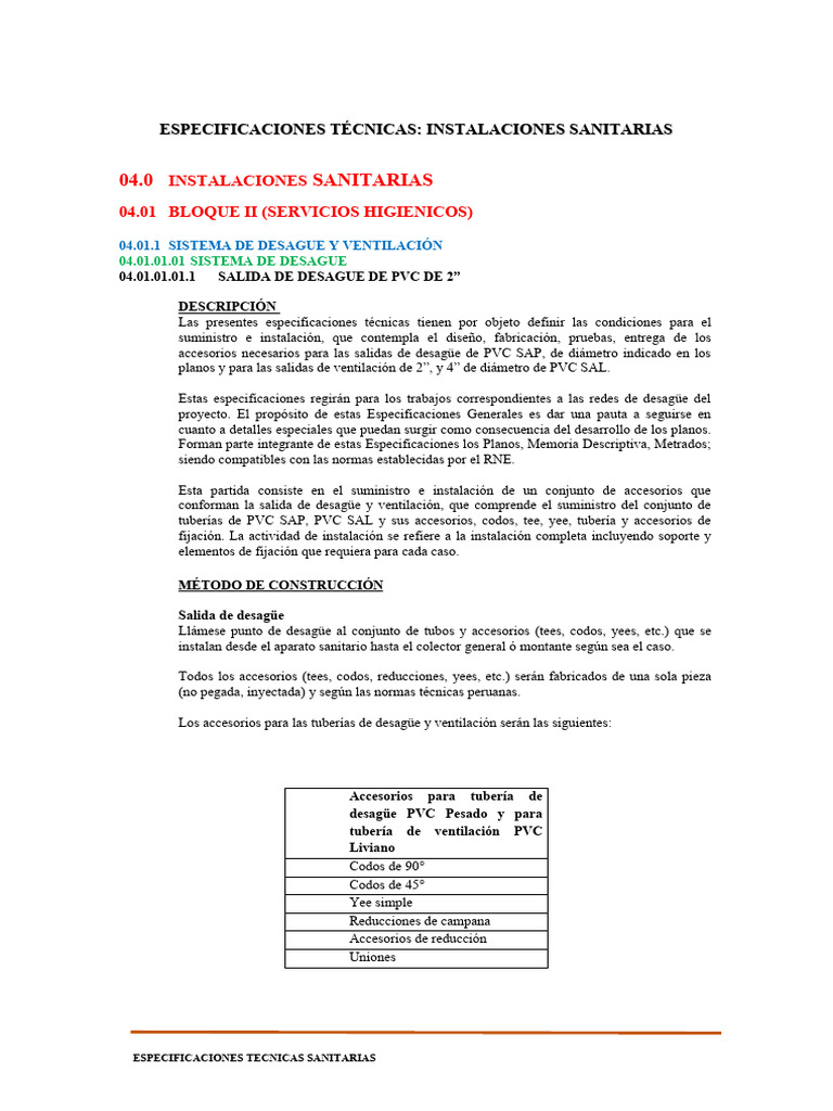 ESPECIFICACIONES TECNICAS SANITARIAS | PDF | Tubería (transporte de fluidos) | Agua