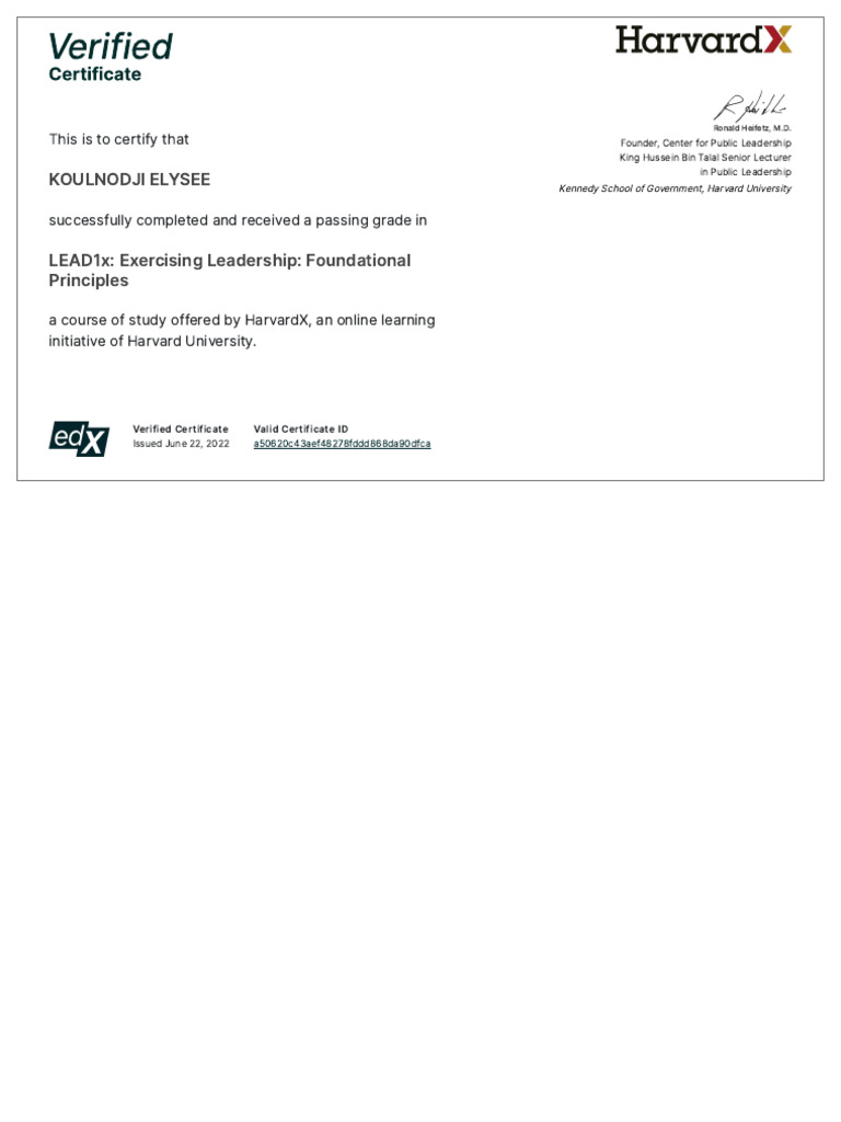 HarvardX LEAD1x Certificate - Edx | PDF