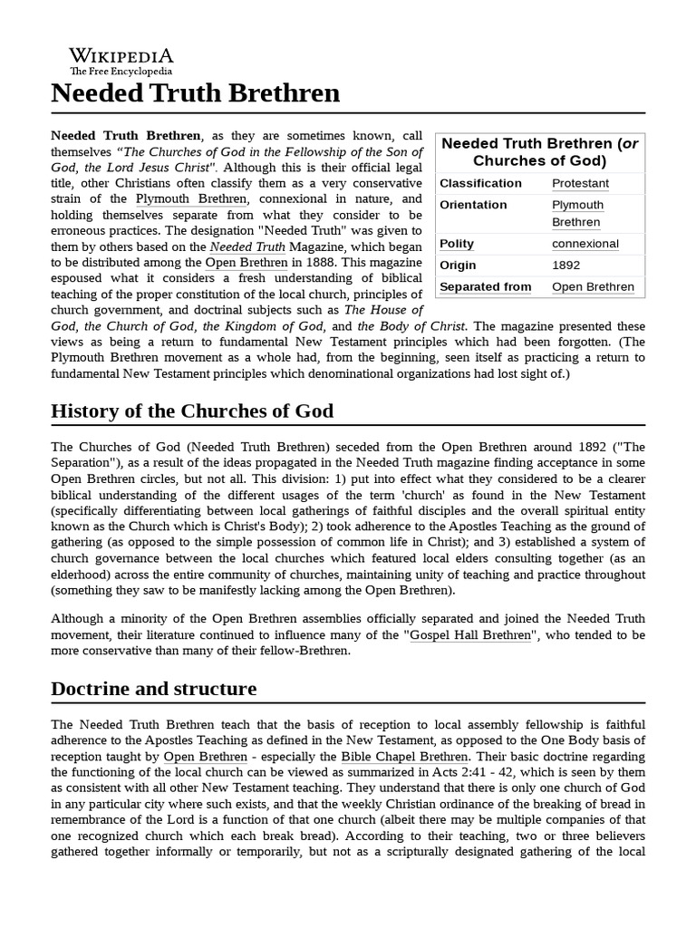 Needed Truth Brethren Overview | PDF | Christian Denominational ...