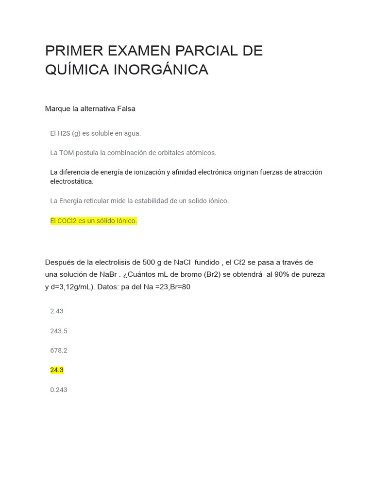 Examen Parcial Química Inorgánica (UNMSM) | PDF