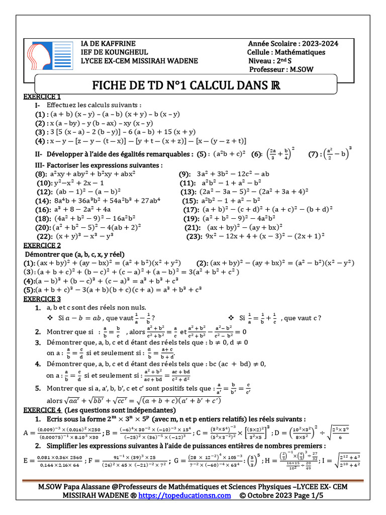 Fiche de TD N°1 Calcul Dans Ir | PDF | Notation (mathématiques) | Analyse réelle