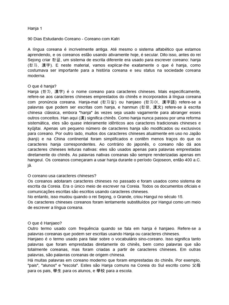 Introdução ao Hanja Coreano | PDF | Caracteres chineses | Coreia do Sul
