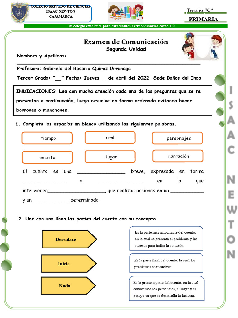Examen de Comunicación Segunda Unidad | PDF | Cuentos