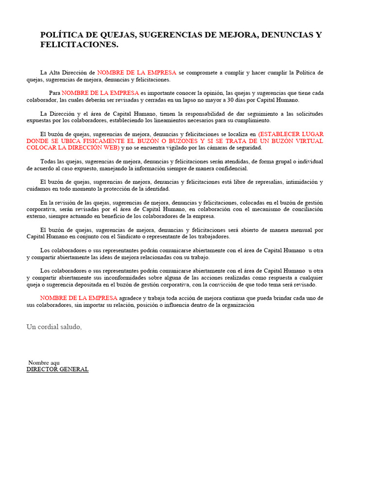 7.-Política de Quejas, Sugerencias de Mejora, Denuncias y Felicitaciones. | PDF | Business