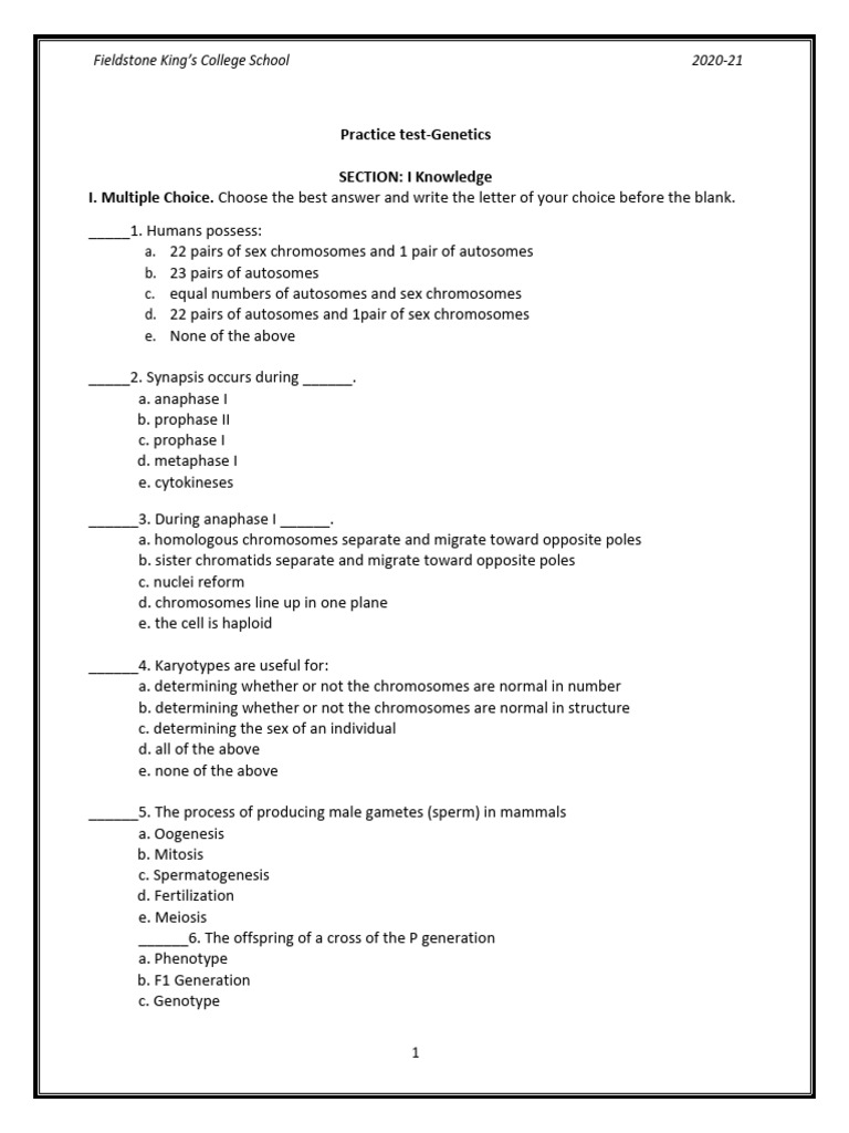 Practice Test - GENETICS | PDF | Meiosis | Dominance (Genetics)