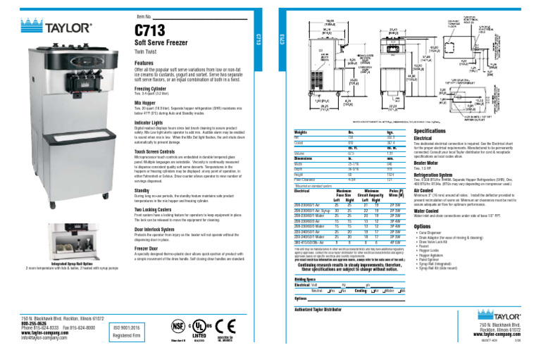 Taylor C713 SoftServeFreezer SpecSheet 1 | PDF | Refrigerator ...