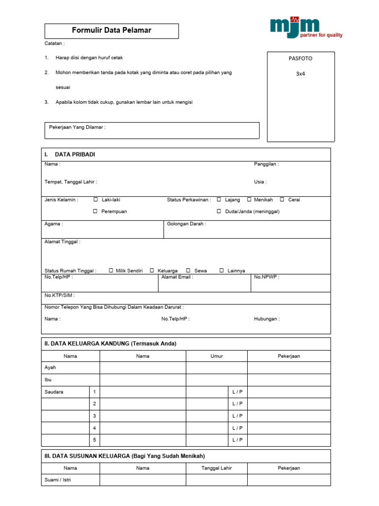 Formulir Data Pelamar - MJM | PDF