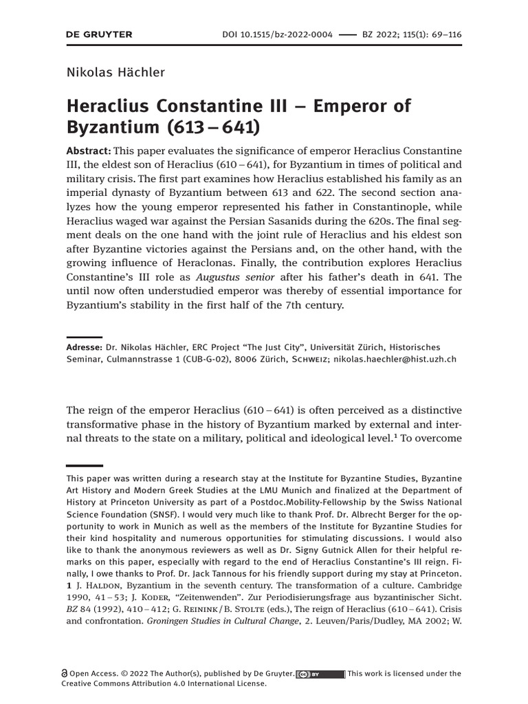 Hächler Heraclius Constantine III - Emperor of Byzantium (613-641) | PDF