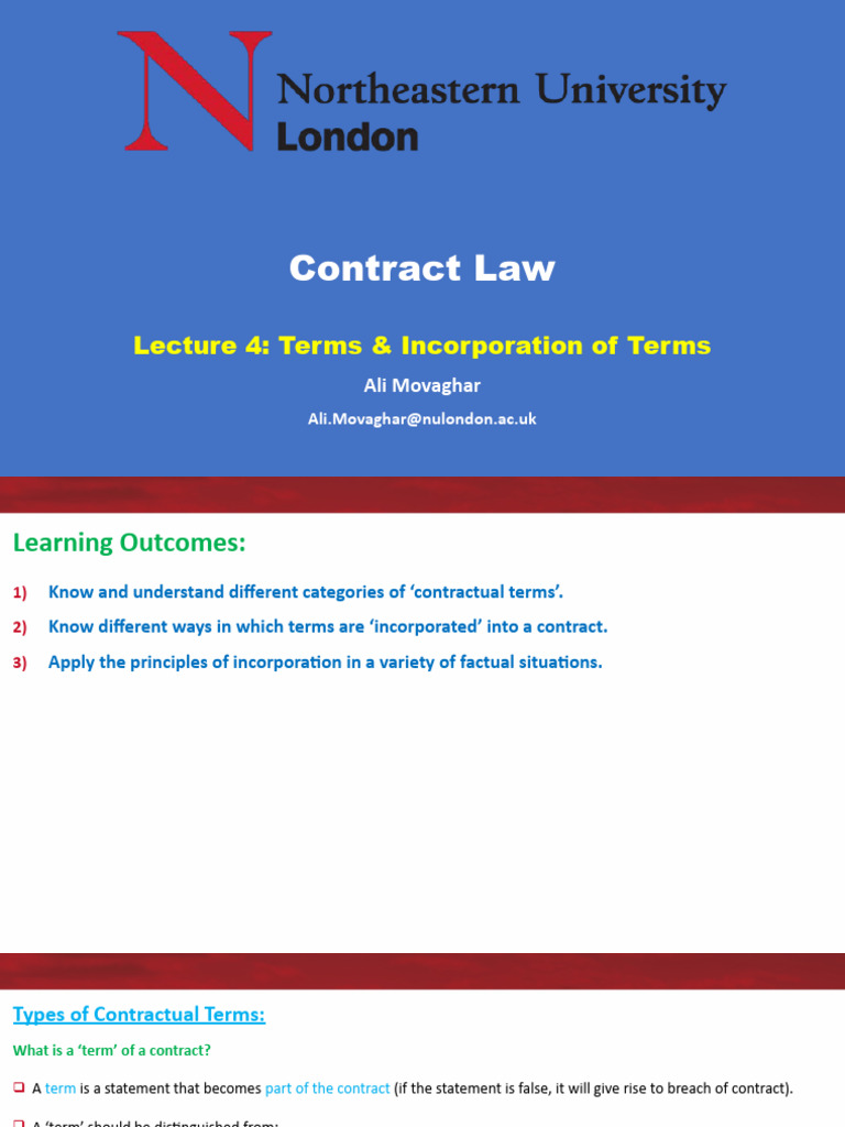 Lecture 4-Types of Terms & Incorporation of Terms | PDF | Contractual Term | Common Law
