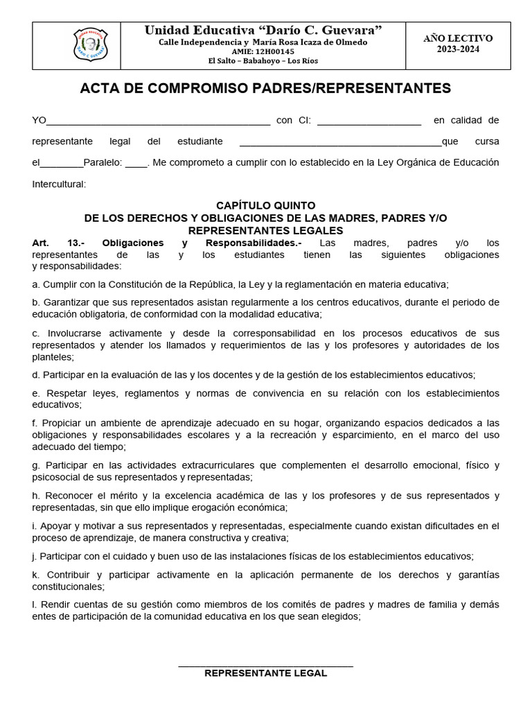 Acta Compromiso Padres 2023-2024 | PDF